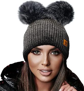 4sold Miki Mesdames Femmes dhiver Chapeau en Laine Tricot&eacute; Bonnet avec Double Pom Pom Cap Ski Snowboard Bobble (Megi Dark Grey)
