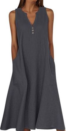Generic Robe dété pour femme - Col en V et boutons - Sans manches - Style bohème - Avec poches - Couleur unie - Élégante - Robe de cocktail - Grande taille - 