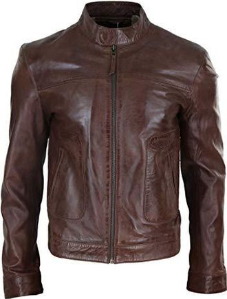 Infinity Leather Blouson pour Homme Classique décontracté en Cuir véritable Style Biker rétro sans col - Marron 5XL