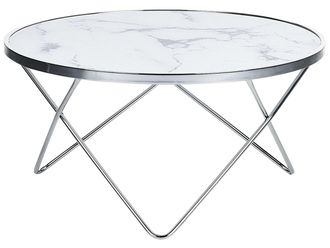 Beliani Beistelltisch Glas Marmor-Optik wei&szlig; Metallgestell Silber rund 80 cm Meridian II