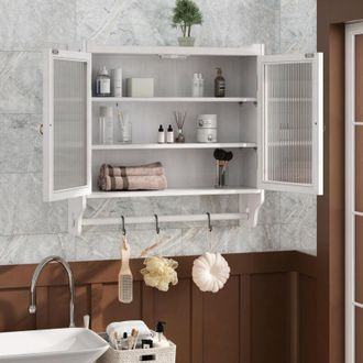STILVORA Armoire Murale avec 2 Portes en Verre Cannel&eacute;, 3 Niveaux et Porte-Serviettes, Style Vintage, en Bois et MDF, 63&times;18&times;60 cm, Blanc Patin&eacute;