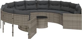 vidaXL Gartensofa mit Tisch und Kissen Rund Grau Poly Rattan - Vidaxl