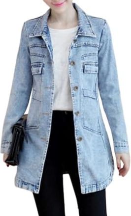 Generic Veste en jean vieilli r&eacute;tro &agrave; manches longues pour femme, v&ecirc;tement dext&eacute;rieur d&eacute;contract&eacute; pour le printemps et lautomne, bleu clair, XXL