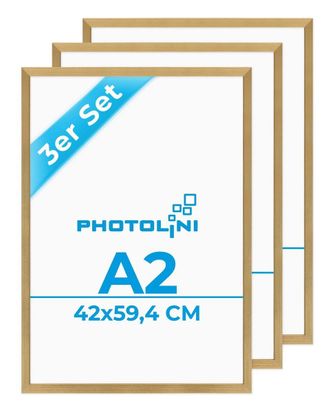 Photolini Bilderrahmen A2 Holz MDF Gold, 3er Set Picture Frame Rahmen 42x59,4 mit bruchsicherem Acrylglas, DIN A2 Bilderrahmen 42x60 zum Aufh&auml;ngen, mit Zubeh&ouml;r 