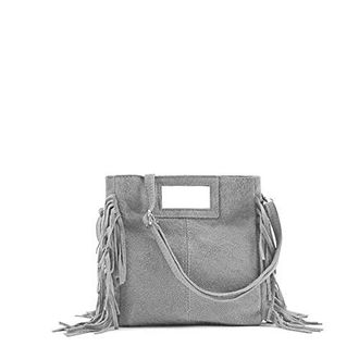 Modelisa Modelisa - Sac &agrave; main avec bandouli&egrave;re et franges en cuir fabriqu&eacute; en Italie pour femme, gris, Taille unique