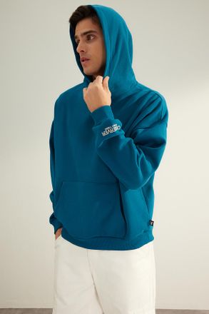 Trendyol MAN Herren Blau Slogan Lang Oversize Sweatshirts