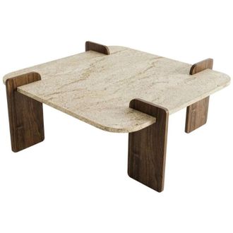 DRAWER Table basse en bois et effet travertin 90x90cm - Beige - Soleni