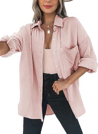 Dokotoo Chemisiers et Blouses Femme Coton Chemisier Chic et &eacute;l&eacute;gant Ample Femmes Chemise &agrave; Manches Longues Tops &agrave; Simple Boutonnage Rosa 2XL
