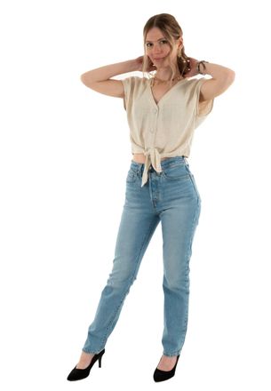 Only Damen ONLSIESTA S/S Knot Linen BL Shirt PNT 15322270,Moonbeam,L