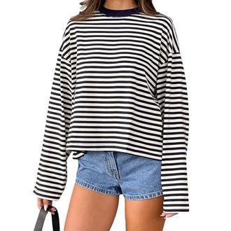 Generic Chemise ray&eacute;e &agrave; manches longues pour femme Y2K surdimensionn&eacute;e col rond vintage automne-hiver &eacute;paules tombantes mignon pull preppy, t-shirts, bleu mar