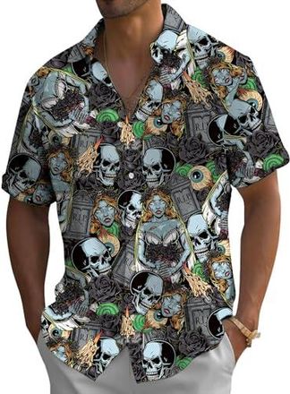 Generic Chemise hawa&iuml;enne &agrave; manches courtes pour homme - Chemise boutonn&eacute;e amusante pour Halloween - Hauts de vacances r&eacute;tro - V&ecirc;tements d&eacute;t&eacute; tendance, Beau s