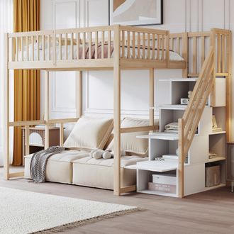 Merax Hochbett 140x200 cm, platzsparendes Kinderbett mit Stauraum, für Kinder, Jugendliche und Erwachsene, Holzfarbe und Weiß (ohne Matratze)