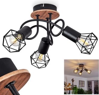 HOFSTEIN Deckenleuchte Baripada, moderne Deckenlampe aus Metall/Holz in Schwarz/Natur, Leuchte mit Gitterschirmen und Lichteffekt an der Decke, 3-flammig, 3 x 