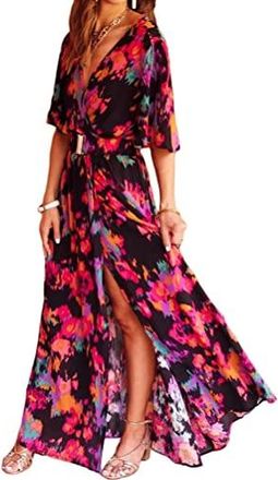 TOMWELL Robe Longue Fleurie Boho Femme Longue Dress Robe De Plage Robe Vintage Elégante Robe Imprimée Ample Casual Robe Portefeuille H Noir XL