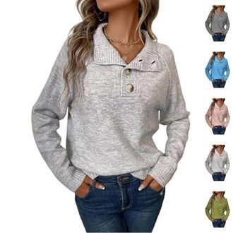 Generic Pull à col montant boutonné en tricot torsadé pour femme, nouveau col montant boutonné décontracté à manches longues pull ample, gris, XL