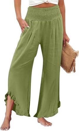 Generic Pantalon en lin pour femme - Coupe ample et d&eacute;contract&eacute;e - Taille haute - &Eacute;lastique - En coton et lin - Avec poches irr&eacute;guli&egrave;res - Jambe large - Panta