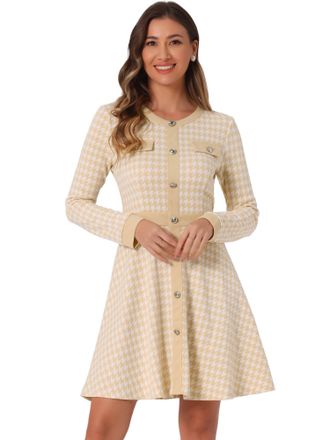 Allegra K Damen Elegant A-Linien Kleid Hahnentrittmuster Kontrastfarbe Rundhalsausschnitt Mini Kleid Aprikose M
