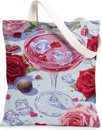 Generic Sacs fourre-tout en toile florale, motif coeur rose, sacs &agrave; provisions r&eacute;utilisables, sac &agrave; provisions printanier, vintage, l&eacute;ger, lavable avec bandou