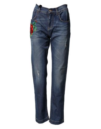 Dolce & Gabbana Womens Blue Floral Embroidered Boyfriend Denim Jeans Co+02 Clothing
