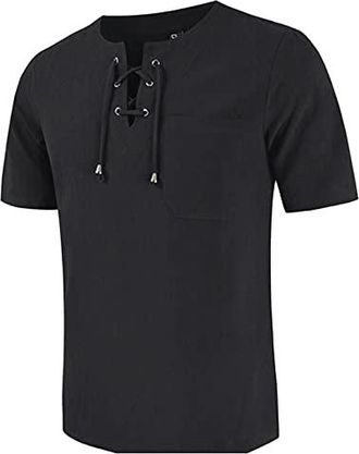 Generic Chemise en coton et lin pour homme - Haut de sport 2026 pour homme - Solide - Ample - L&eacute;ger, Noir, XXL