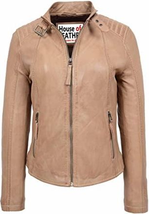 House Of Leather Sophia Veste de motard classique en cuir véritable pour femme, beige, 44
