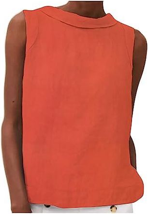 Generic D&eacute;bardeurs en coton et lin pour femme - Col haut - D&eacute;contract&eacute; - Sans manches - Camisole d&eacute;t&eacute; - Chemise basique de couleur unie - Haut court d&eacute;contrac