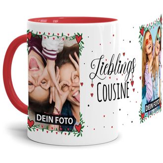 Tassendruck Tasse - Lieblings-Cousine - zum selbst Gestalten mit zwei Fotos - Fototasse f&uuml;r die Cousine - Keramik, Innen & Henkel Rot, 300 ml