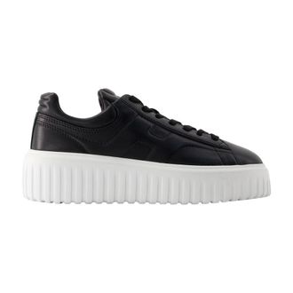 Hogan Womens Ribbed-Sole Leather Sneaker Black Goatskin