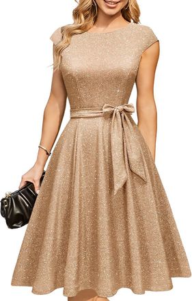 Dresstells Cocktailkleider f&uuml;r Damen Hochzeitsg&auml;ste 2025 Sparkly Holiday Prom Party Kleid, Pailletten Aline Modest Mother of Bride Midi Kleid Glitter Champagne X