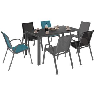 IDMarket Salon de jardin MADRID table 150 CM et 6 chaises empilables mix color gris, noir et bleu