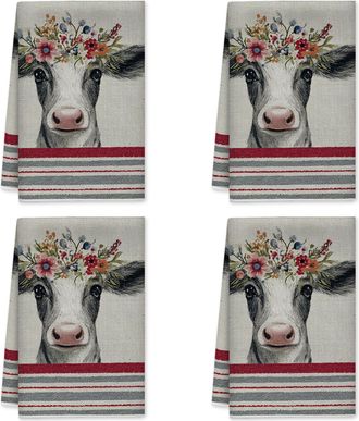 Generic Küchentücher mit Kuhmotiv, rustikale Blumen, Streifen, weiß, weiche Geschirrtücher, Kabine, Küche, Dekoration, 40,6 x 61 cm, 4 Stück