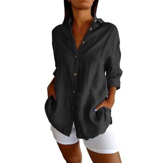 Generic Chemise pliss&eacute;e &agrave; revers pliss&eacute; pour femme - Couleur unie - Couleur unie - Manches europ&eacute;ennes et am&eacute;ricaines - Manches longues - Chemises solides pou