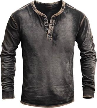Generic Polo &agrave; manches longues pour homme - Col Henry - Boutonn&eacute; - Vintage - Couleur d&eacute;lav&eacute;e - V&ecirc;tements de printemps - T-shirts d&eacute;contract&eacute;s tendance, Noir-a