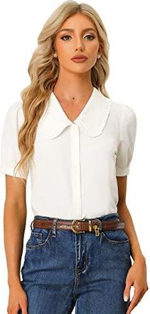 Allegra K Chemise à col Claudine pour Femme Bouffante à Manches Courtes rétro Vintage Chemisier Blanc crème S