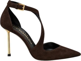 Ninalilou Escarpins en Daim avec Bride Cheville et Talon Aiguille Dor&eacute; - Femme - Chaussures - Brun - Taille: 39 EU