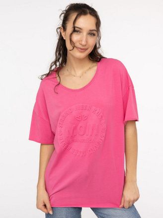 Zwillingsherz Kurzarmshirt Oversized Shirt Stempeldruck Moin Kurzarm, tiefer Rundhalsausschnitt, Schriftzug, Baumwollmischung