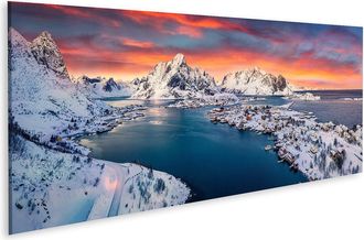 Islandburner Bild auf Leinwand Reine town Panorama Abendansicht Lofoten Islands Norwegen Bilder Wandbilder Poster