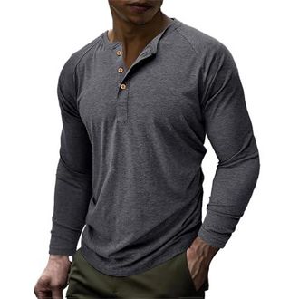 Generic Henley Chemise &agrave; manches longues d&eacute;contract&eacute;e unie avec col en V et boutons pour homme - T-shirt l&eacute;ger et respirant pour printemps et automne - Hauts 