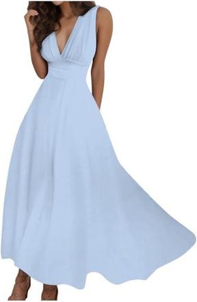 Generic Robe De Soiree Femme sans Manches, Robe Longue Sexy Col V Chic Et Elegant Maxi Robes Grande Taille &agrave; Taille Haute Couleur Unie Casual Dress pour Femme