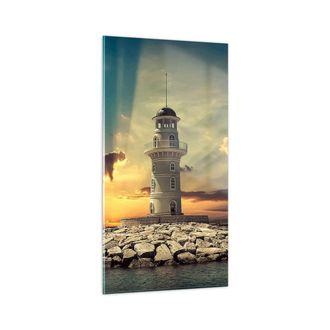 Arttor Bilder auf Glas 55x100cm Glasbild Leuchtturm Wasser Meer Steine Gro&szlig; Wanddeko Bild im Glas Schlafzimmer K&uuml;che Deko Wandbilder Dekoration Wohnzimmer Mo