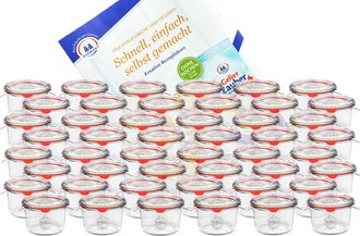 MamboCat 48er Set Weck Gläser 80ml Sturzgläser mit 48 Glasdeckeln, 48 Einkochringen und 96 Klammern inkl. Diamant-Zucker Gelierzauber Rezeptheft I Original Wec
