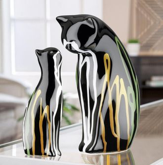 Gilde Keramik Katzenfigur Set, 2-teilig, glasiert, schwarz, 22 cm hoch, 14 cm breit, 8 cm tief