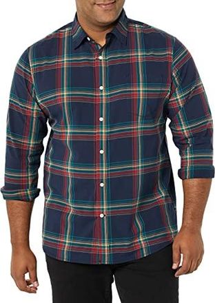 Amazon Essentials Chemise en Popeline Extensible À Manches Longues Et Coupe Ajustée Homme, Bleu Marine Rouge Bleu Sarcelle Écossais, XS