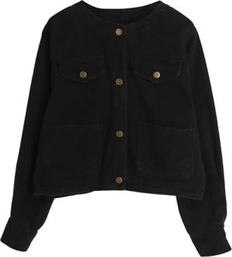 Generic Veste en jean tendance sans col pour femme, manches longues, l&eacute;g&egrave;re, style d&eacute;contract&eacute;, coupe oversize, noire, taille M