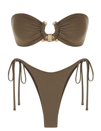 Zaful Glitzerndes Metallic-Bikini-Set f&uuml;r Damen, hoch geschnitten, 2-teilig, Badeanzug, Glitzer, tiefer Kaffee, Gr&ouml;&szlig;e S