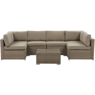 Beliani Salon de Jardin Modulable et Moderne en Rotin Marron avec Coussins Inclus Canap&eacute; dAngle Confortable et Table Basse Assortie Beliani