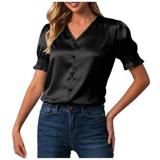 Generic Chemisier en satin &eacute;l&eacute;gant pour femme - Col en V - Manches courtes - Tunique d&eacute;t&eacute; - &Eacute;l&eacute;gant et ample - Manches courtes - D&eacute;contract&eacute; - Soyeux - Satin,