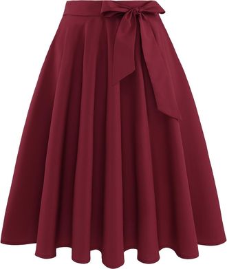 Bbonlinedress Trachtenrock Damen Knielang R&ouml;cke Vintage Rockabilly Oktoberfest Rock Basic Vielseitige Casual Tellerrock Hohe Taille Freizeitrock Burgundy 2XL