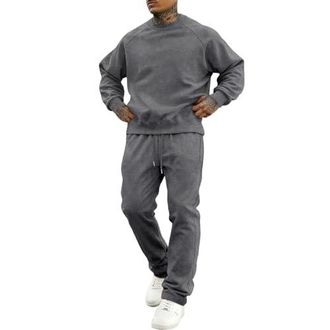 Generic Survêtement athlétique 2 pièces pour homme - Pull et pantalon de jogging en coton mélangé - Manches longues et col rond - Avec poches, gris foncé, XXL