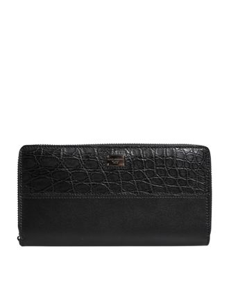 Dolce & Gabbana Mens Black Leather Logo Plaque Zip Around Continental Wallet Calf Caiman